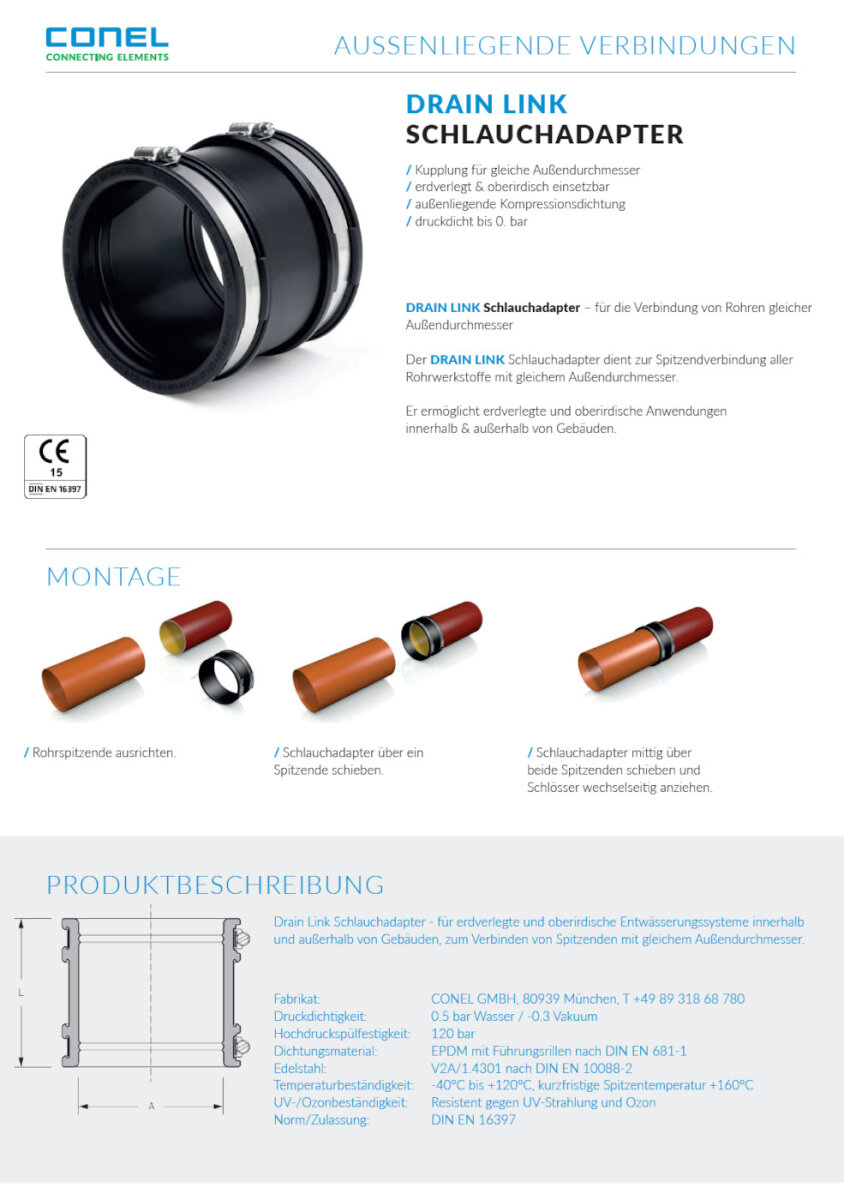 Conel Drain Link Gummi Schlauchadapter 75 bis 89 mm für aussenliegend, 27,90