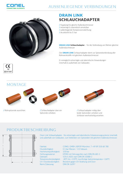 Conel Drain Link Gummi Schlauchadapter 75 bis 89 mm für aussenliegend, 27,90
